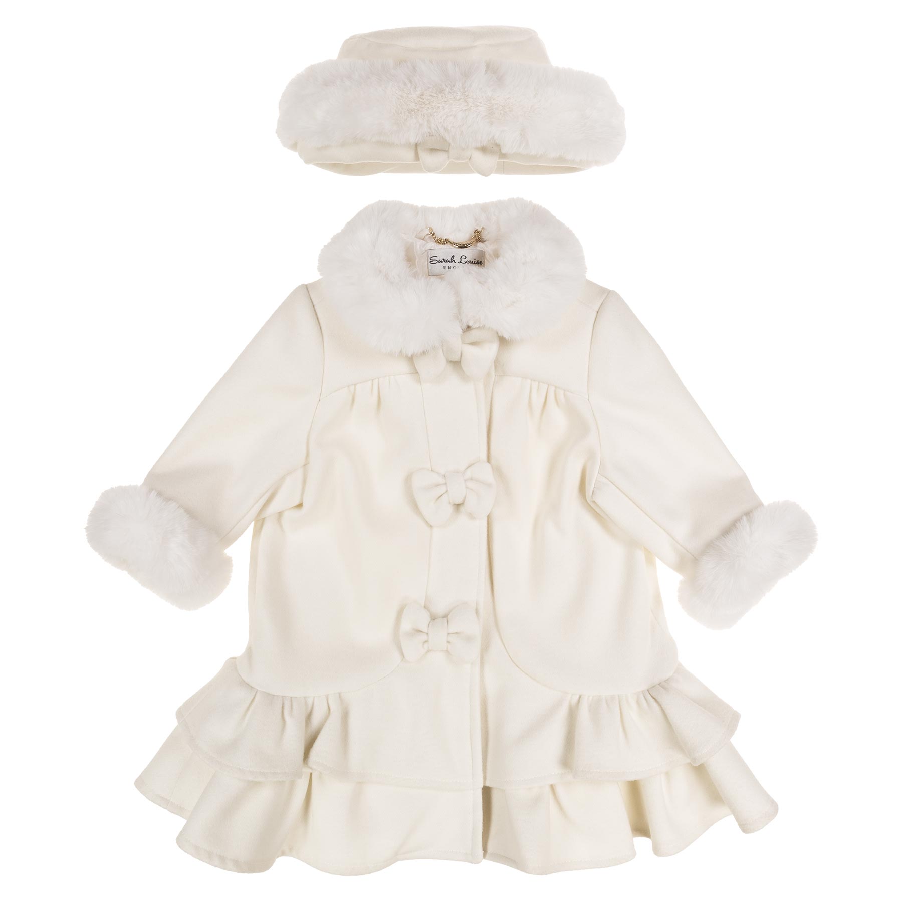 Sarah Louise Girls Winter Coat & Hat Set With Faux Fur Trim X 2 - Ivory.