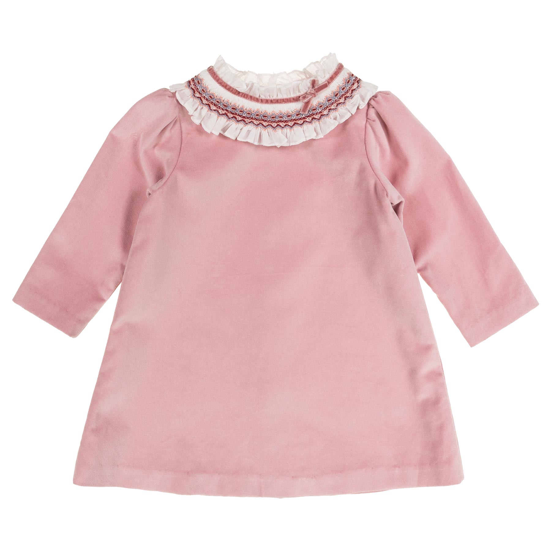 Sarah Louise Girls Velvet Dress With Detachable Smocked Collar - Rose Pink.