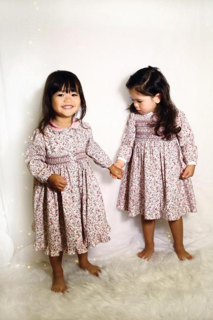 Sarah Louise Girls Smocked Ditsy Floral Dress - Rose Pink.