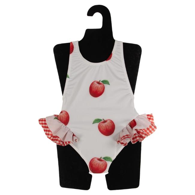 Meia Pata Girls Capri Big Bow Apples Swimsuit - White Red Gingham.
