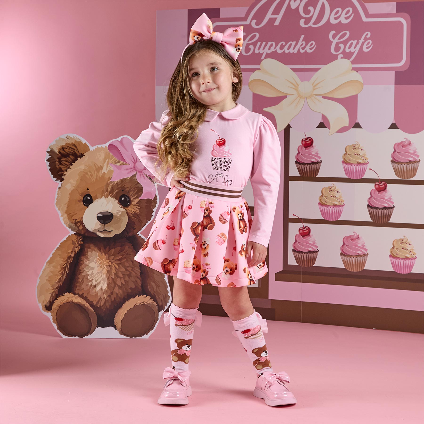 A Dee Teddy Bear Bakery Leah Bear Print Bow Knee High Socks - Pink Fairy.