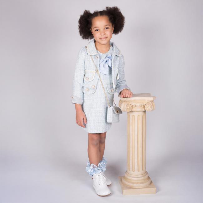 Beau KiD Girls Tweed Dress & Jacket Set X 2 - Blue White Gold.