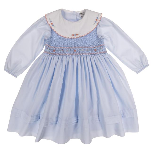 Sarah Louise Girls Smocked Bodice Wide Collar Dress - Pale Blue Coral.
