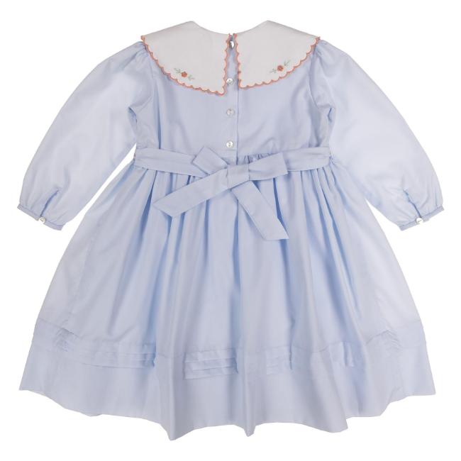 Sarah Louise Girls Smocked Bodice Wide Collar Dress - Pale Blue Coral.