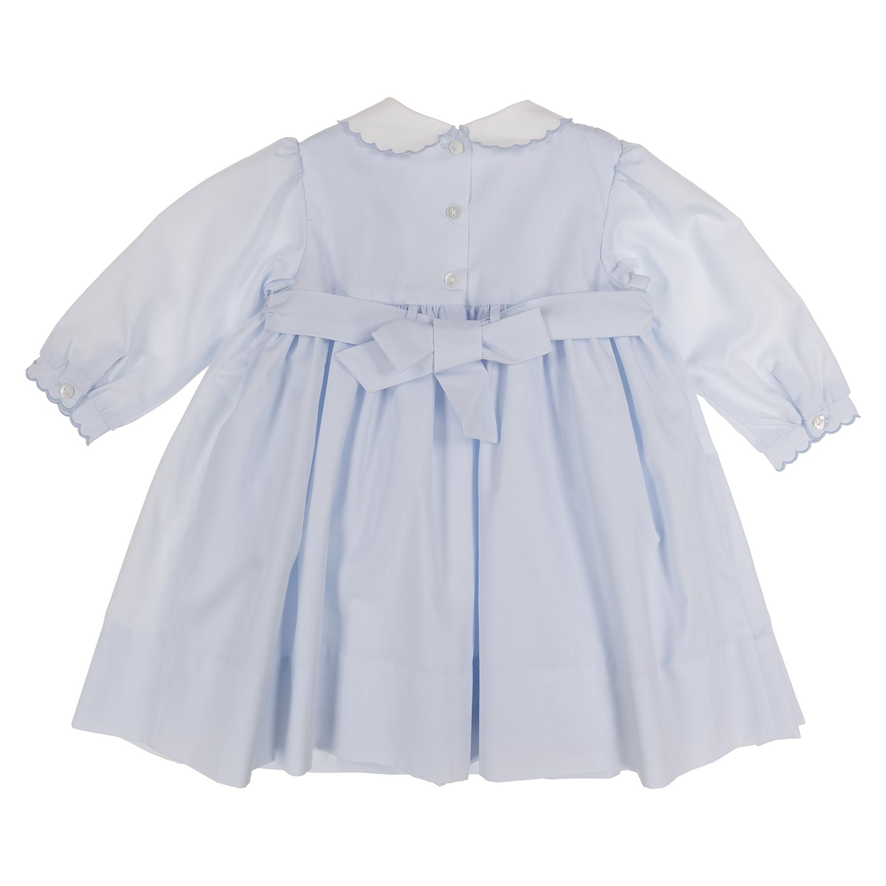 Sarah Louise Girls Smocked Bodice Scallop Collar Dress - Pale Blue White.