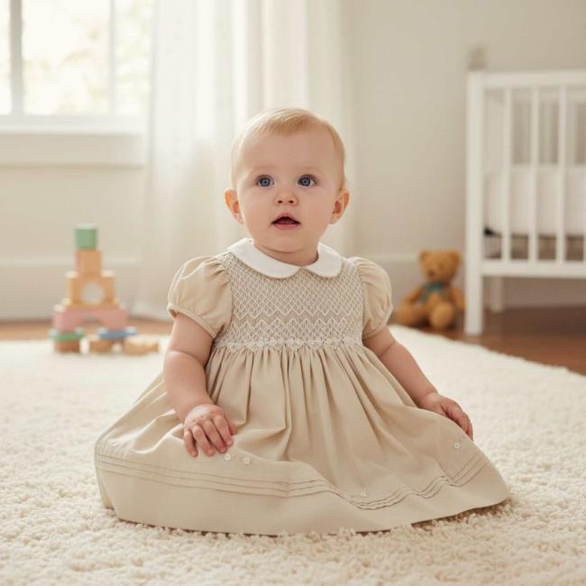 Sarah Louise Girls Smocked Bodice Puff Sleeve Dress - Beige Ivory.
