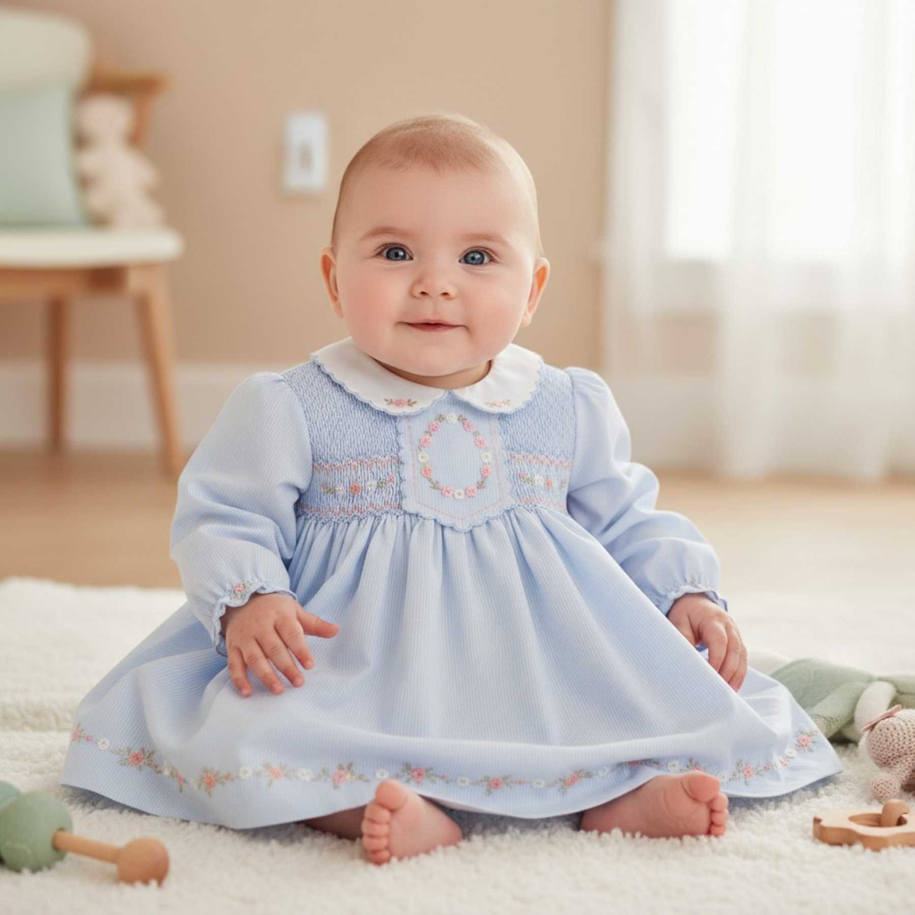 Sarah Louise Girls Smocked Bodice Scallop Collar Dress - Pale Blue White.